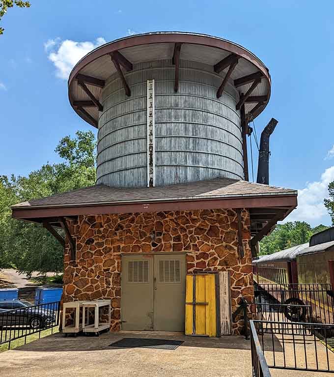 This historic water tower stands sentinel, a reminder of when locomotives needed frequent refreshment stops along their routes.