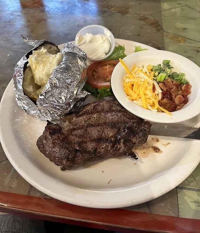 That steak and loaded baked potato could make a vegetarian reconsider their life choices, just for a moment.