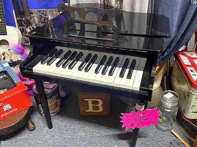 That miniature grand piano once filled someone's parlor with music, now waiting for its next appreciative audience member.