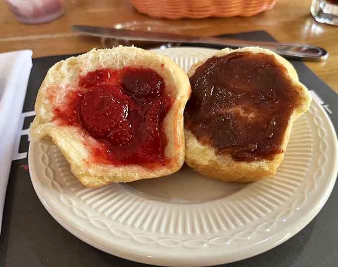 Strawberry and apple butter options mean these aren't just rolls; they're a choose-your-own-adventure in carbohydrate heaven.