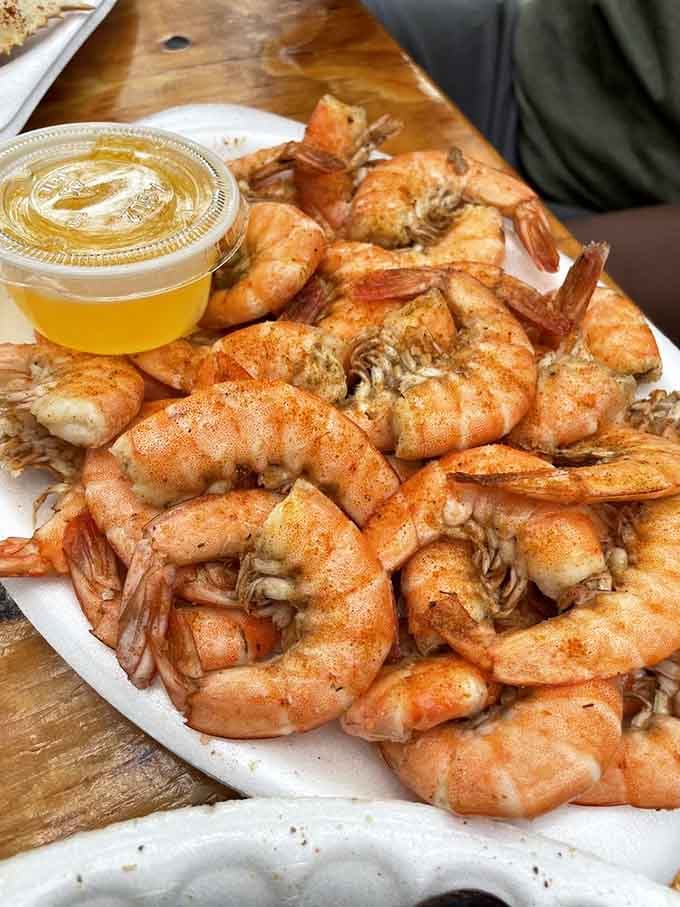 A mountain of perfectly seasoned shrimp that proves good things really do come in abundant packages.