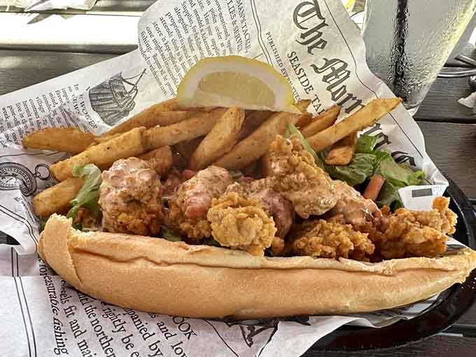 The fried oyster po' boy overflows with golden treasures on a baguette, making Louisiana and Virginia the best of friends.