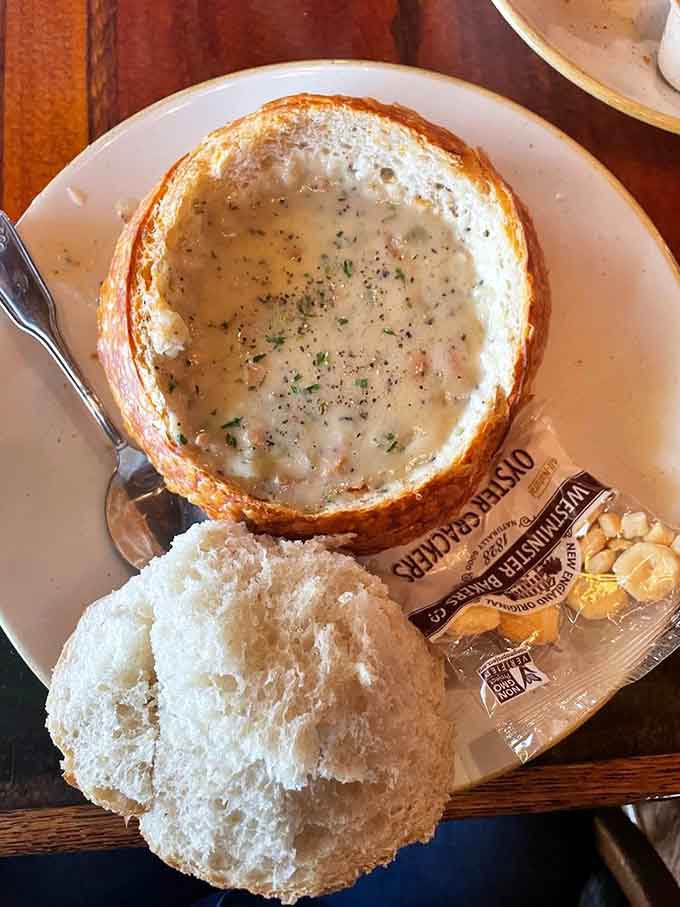 Clam chowder in a bread bowl: the edible container that makes you wonder why we ever invented regular bowls.
