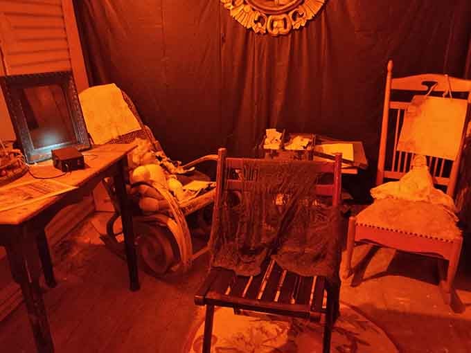 Orange-lit vintage furniture arranged like someone left in a hurry, which is exactly what you might want to do.