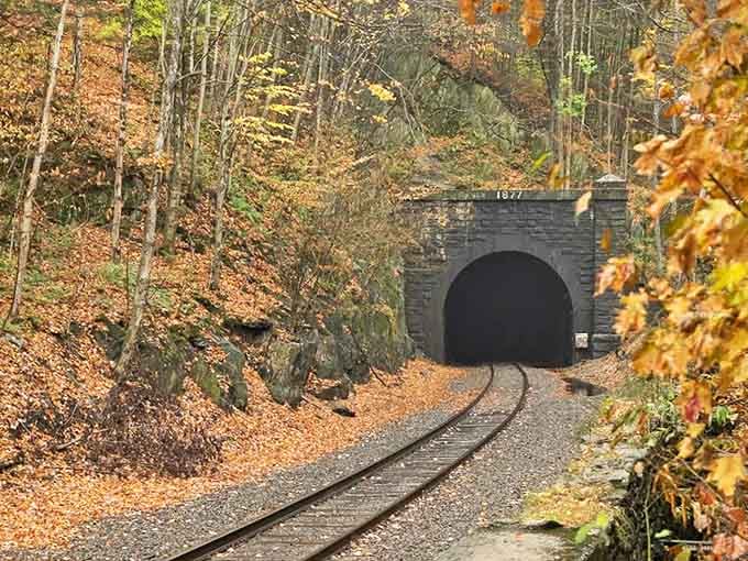 The Hoosac Tunnel emerges from autumn's embrace, a portal through time and solid rock since 1875.