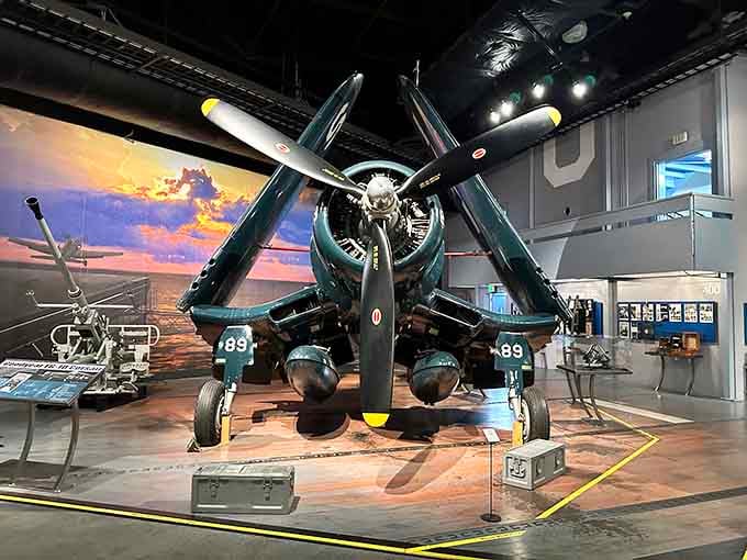 The Corsair's distinctive bent wings made it a WWII legend, engineering genius disguised as aggressive bird posture.