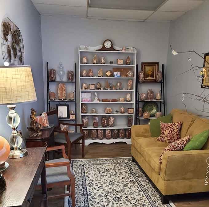 The reception area displays enough salt products to stock a wellness boutique and fuel your shopping impulses.