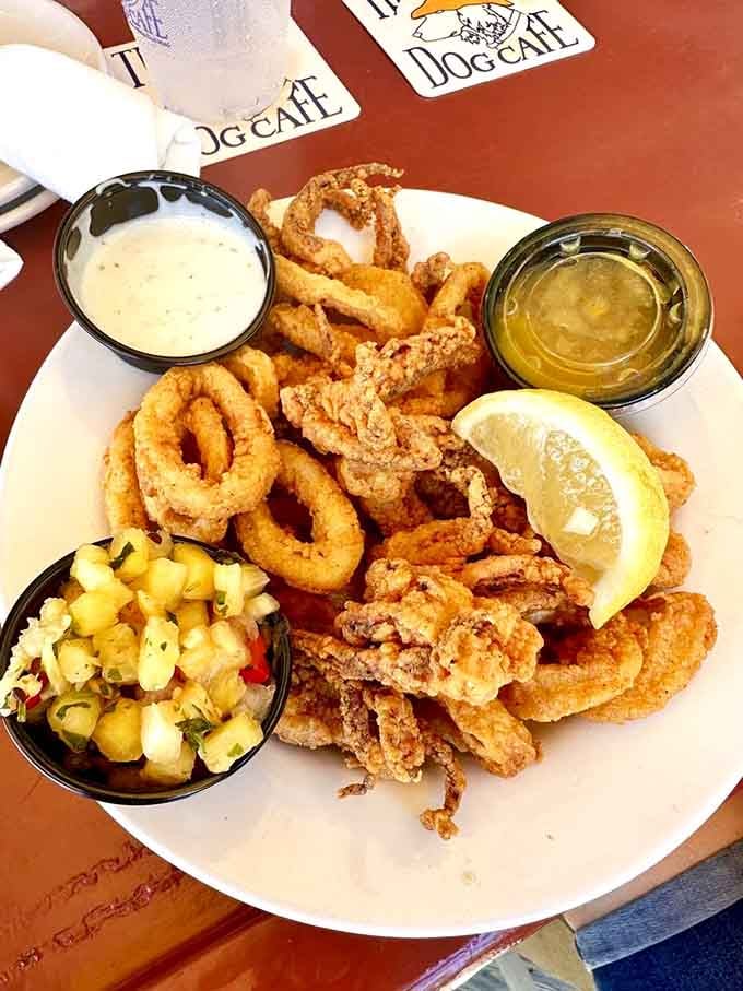Fried seafood platter loaded with calamari, shrimp, and onion rings that'll require strategic napkin deployment throughout.