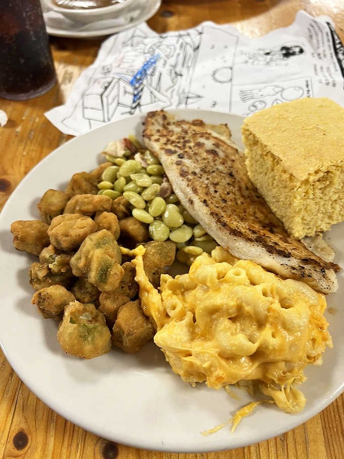Grilled fish with lima beans and mac and cheese proves The Shack knows its way around non-fried options too.