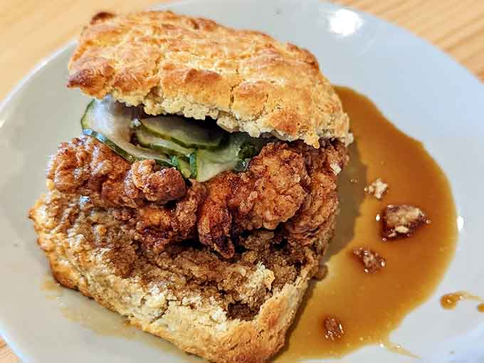 When fried chicken meets a biscuit this way, beautiful things happen that change your whole breakfast perspective.