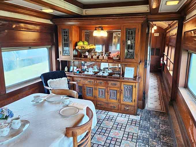Step into this dining car where meals were served on real china, not plastic trays that taste better than the food.