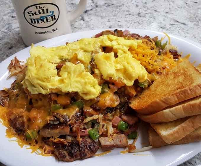 When your hash browns come loaded with this much meat, cheese, and perfectly scrambled eggs, you've hit the jackpot.