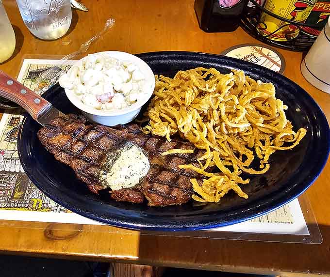Buffalo ribeye with crispy hash browns proves that sometimes the best meals are worth the mountain drive.
