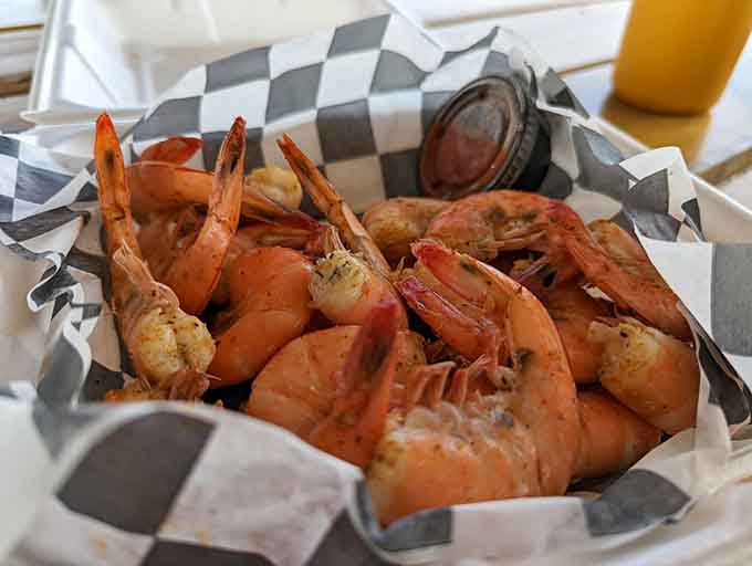 Steamed shrimp in a basket lined with checkered paper: sometimes simplicity is pure genius.