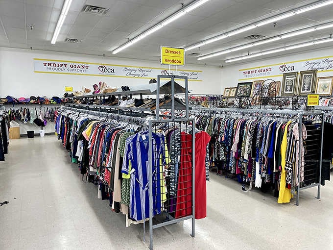 Dresses hanging neatly in rows that stretch farther than your patience at a regular department store.