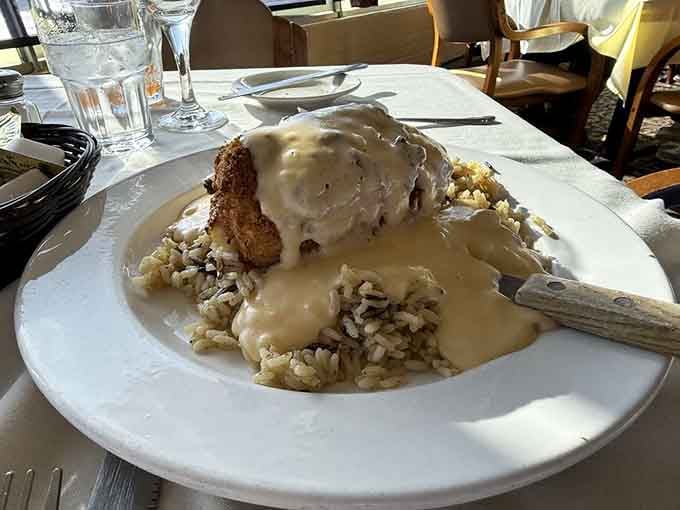Chicken Cordon Bleu smothered in gravy: comfort food that makes you understand why people used to dress up for dinner.