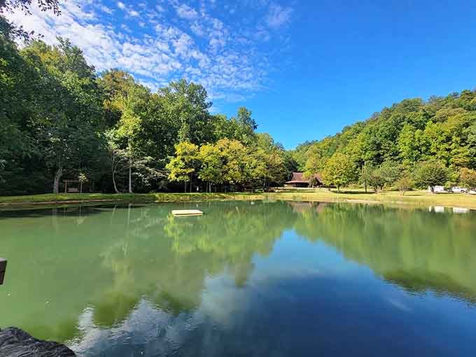 The serene pond on campus offers a perfect spot for reflection before or after your falls visit.