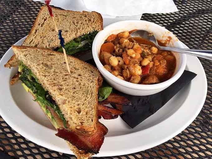 BLT paired with hearty pork pozole soup, because why choose between sandwich and soup when both exist?