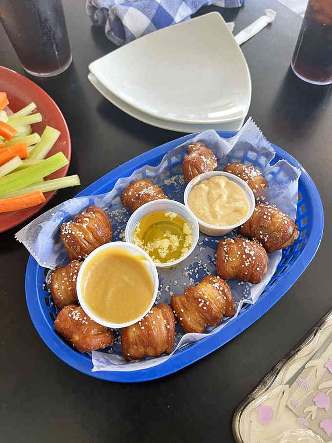 Pretzel bites with three different sauces prove that variety truly is the spice of life and happiness.