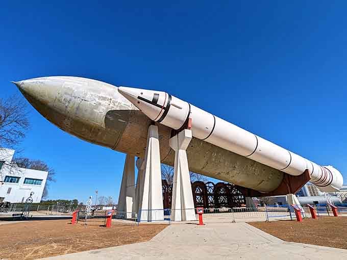 Nothing says "casual Tuesday" quite like a massive rocket lying horizontally across the lawn like a napping giant.