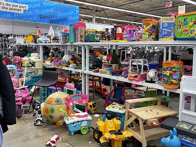 Toys galore fill the shelves, offering everything from ride-on trucks to stuffed animals that need new homes and adventures.