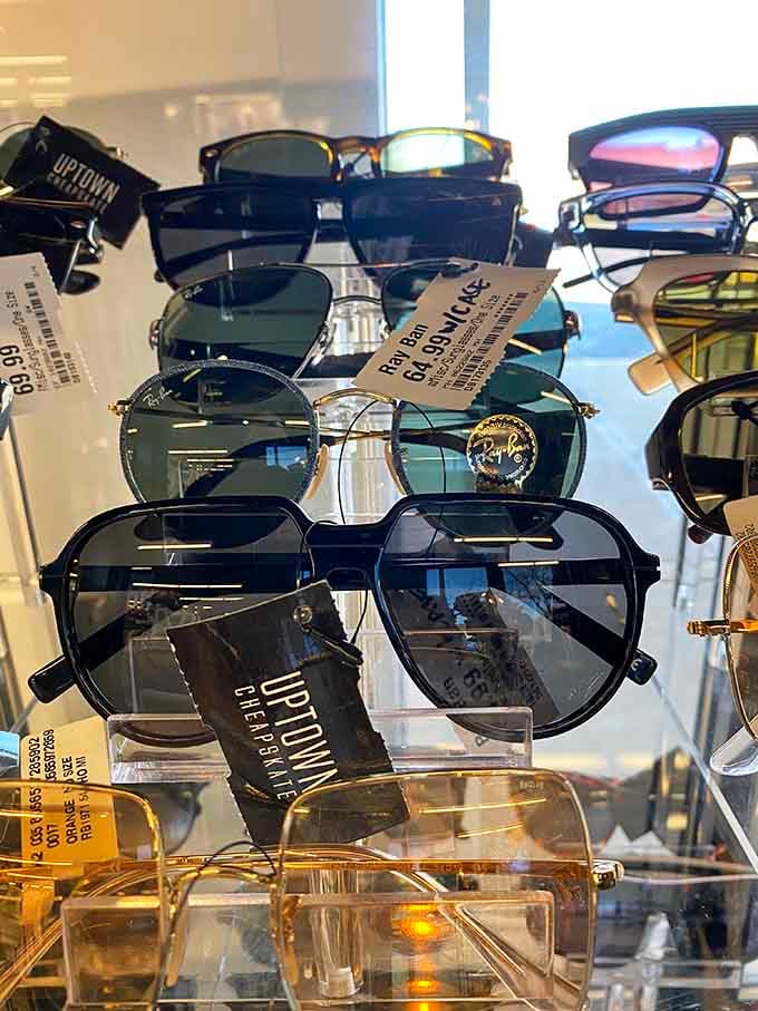 Sunglasses galore, including designer frames that'll make you look mysterious without the mysterious credit card bill.