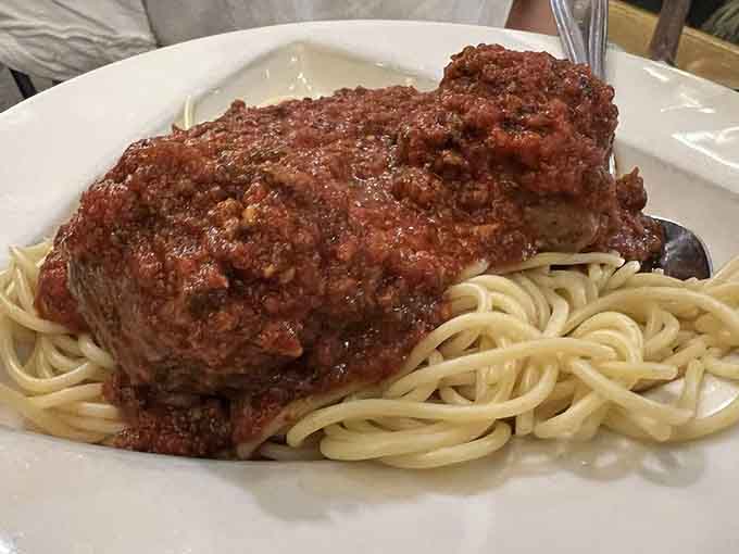 That meatball could double as a paperweight, and the spaghetti underneath knows its purpose.