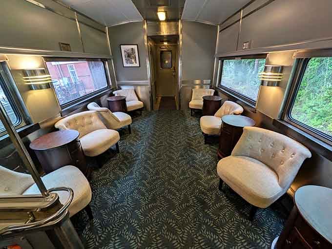Curved seating and mid-century elegance: this lounge car knows how to make an entrance and an impression.