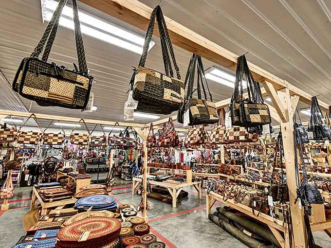 Handwoven baskets stacked high enough to make you wonder if you've stumbled into an artisan's dream workshop.