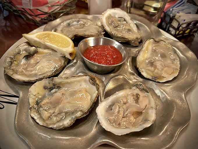 Fresh oysters on the half shell prove this kitchen knows its way around more than beef.