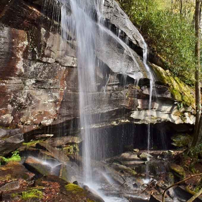 Discover the hidden beauty of a cascading waterfall where the water gently flows over ancient rocks in a peaceful forest.