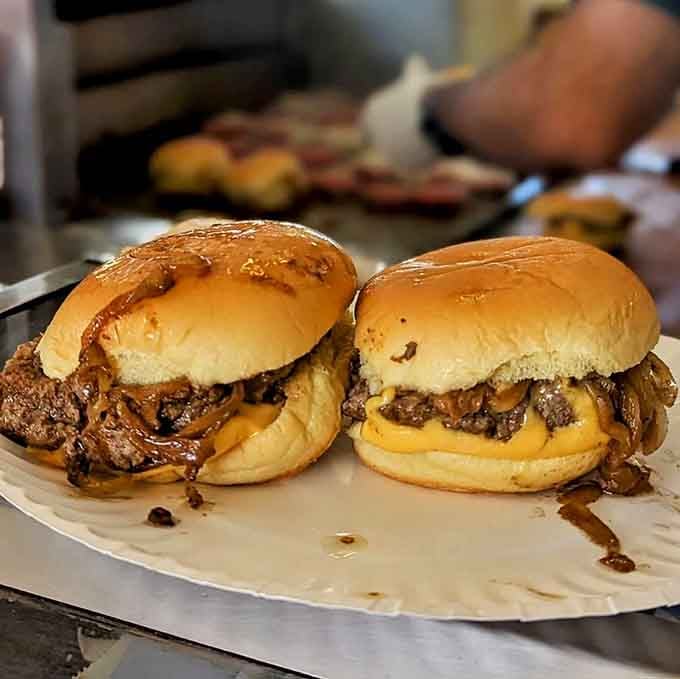 Two patties, double cheese, griddled onions, all on a soft bun that somehow holds this masterpiece together beautifully.