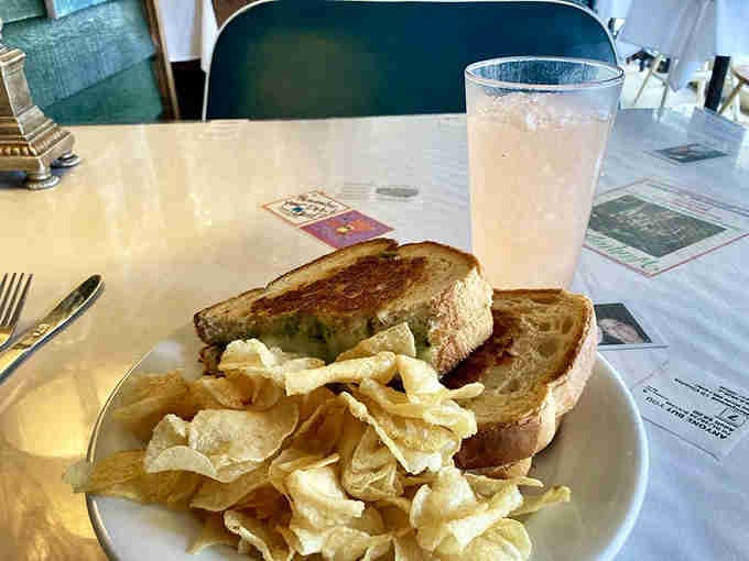 Pesto grilled cheese with kettle chips. Sometimes the simple pleasures are the ones worth driving up mountains for.