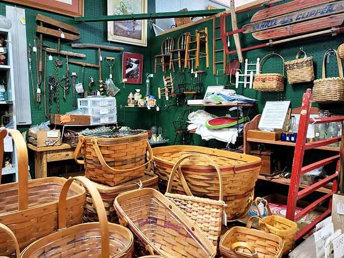 Woven baskets stacked like a rustic tower, each one handcrafted before "handcrafted" became a marketing term.