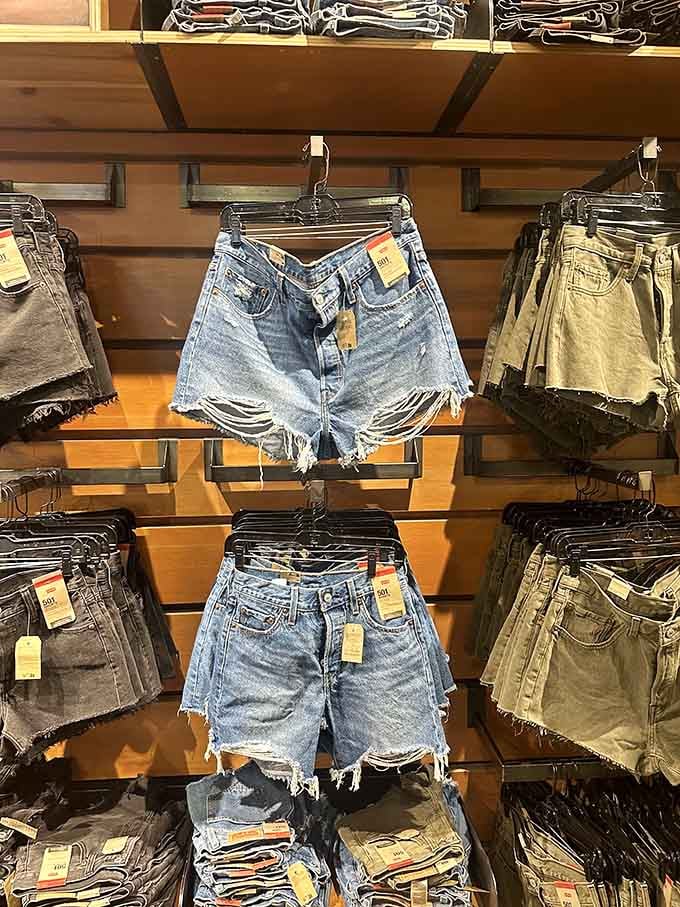 Denim shorts displayed with the kind of care usually reserved for fine art, because summer wardrobe essentials deserve respect too.