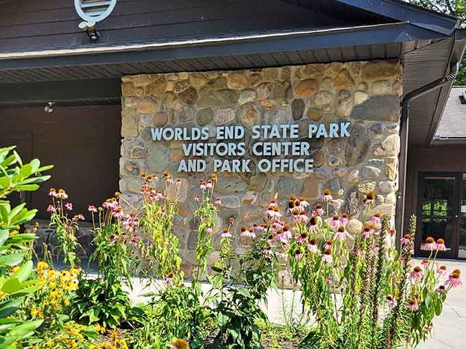 The visitor center welcomes you with flowers that clearly didn't get the memo about Pennsylvania's unpredictable weather.