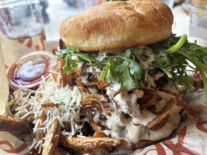 The Cilantro Bomb lives up to its explosive name, piled high with fresh herbs and flavor ambitions.