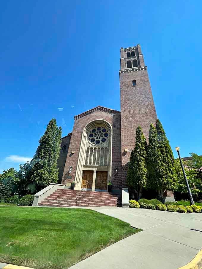 Grace of Christ Presbyterian Church towers over manicured lawns, a testament to Yakima's architectural character and community spirit.