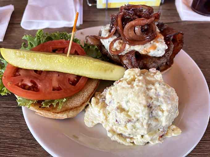 The Gonzo Burger topped with a fried egg and caramelized onions proves that sometimes more really is more.