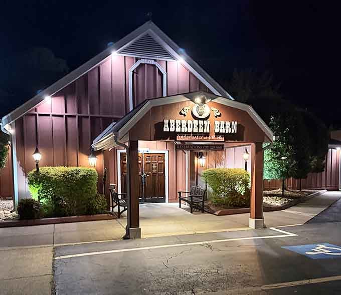 The barn exterior glowing warmly at night creates an irresistible invitation, like finding treasure in unexpected places.