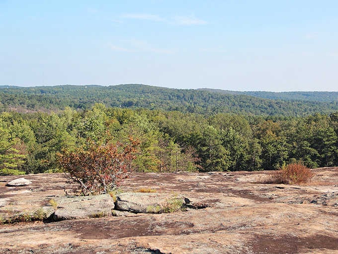 The bare granite stretches like a moonscape, dotted with hardy shrubs that somehow thrive on solid rock.