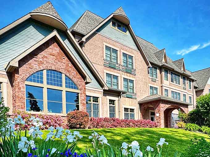 Turrets and blooming gardens announce this castle means business, specifically the business of making you feel absolutely regal today.