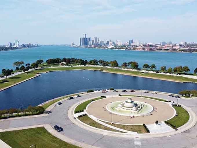 The Scott Fountain stands proud on this island oasis where Detroit's skyline provides a stunning urban backdrop.