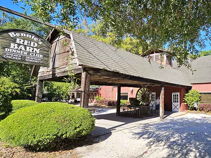 That weathered barn sign under Spanish moss creates the kind of atmosphere you can't fake or replicate anywhere.
