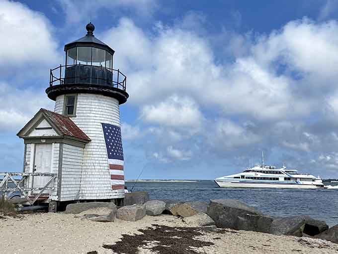 This petite charmer draped in patriotic colors greets every ferry arrival like a welcoming committee of one.