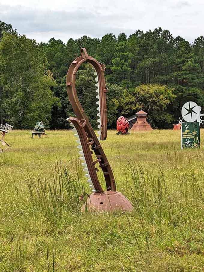 A giant metal saxophone rises from the field, proving one person's junk is another's jazz masterpiece.