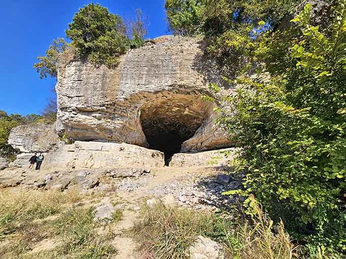 This dramatic limestone cave opens like a giant's mouth, carved by ancient waters into the towering bluff overlooking the river.