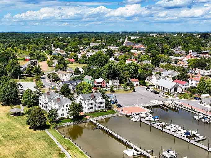 From above, this waterfront community reveals its secret: boats docked right behind charming homes like aquatic neighbors.