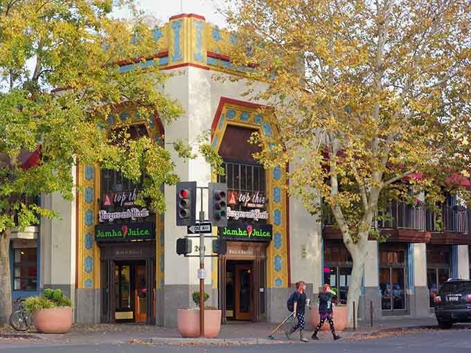 Spanish-style architecture meets autumn colors in a downtown that celebrates all four seasons beautifully.