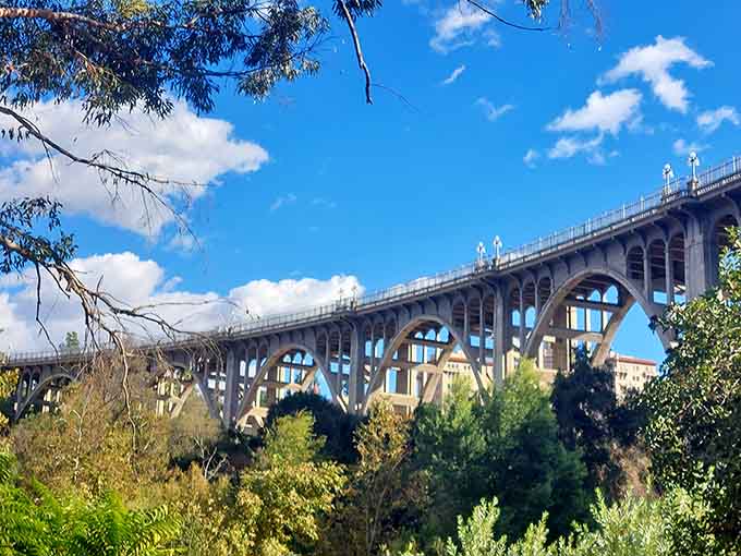 Colorado Street Bridge's graceful arches soar above the Arroyo Seco, engineering elegance with a history that's both beautiful and haunting.